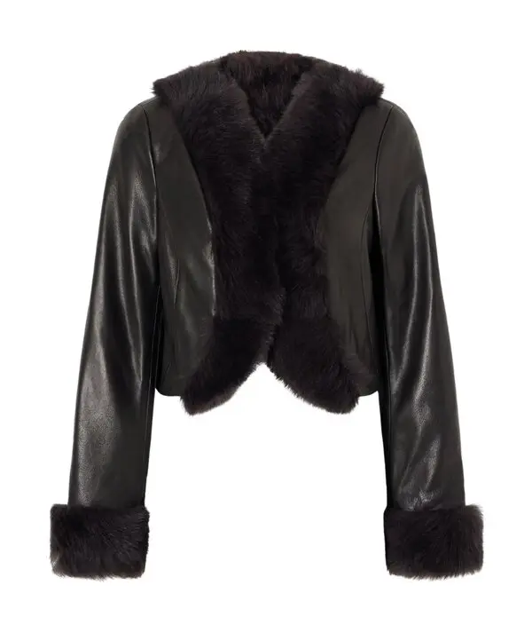 Nour Hammour Sofie Cropped Shearling-trimmed Leather Jacket - Black