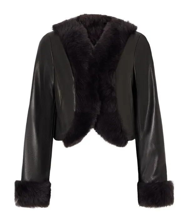 Nour Hammour Cropped Shearling-trimmed Leather Jacket - Black
