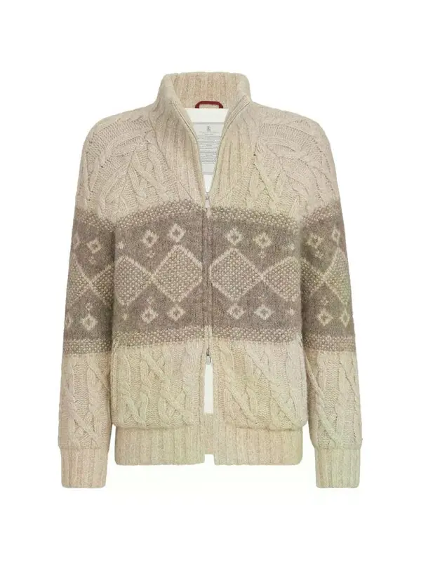 Brunello Cucinelli Virgin Wool, Silk And Cashmere Chiné Cable Knit Down Jacket With Intarsia - Neutrals
