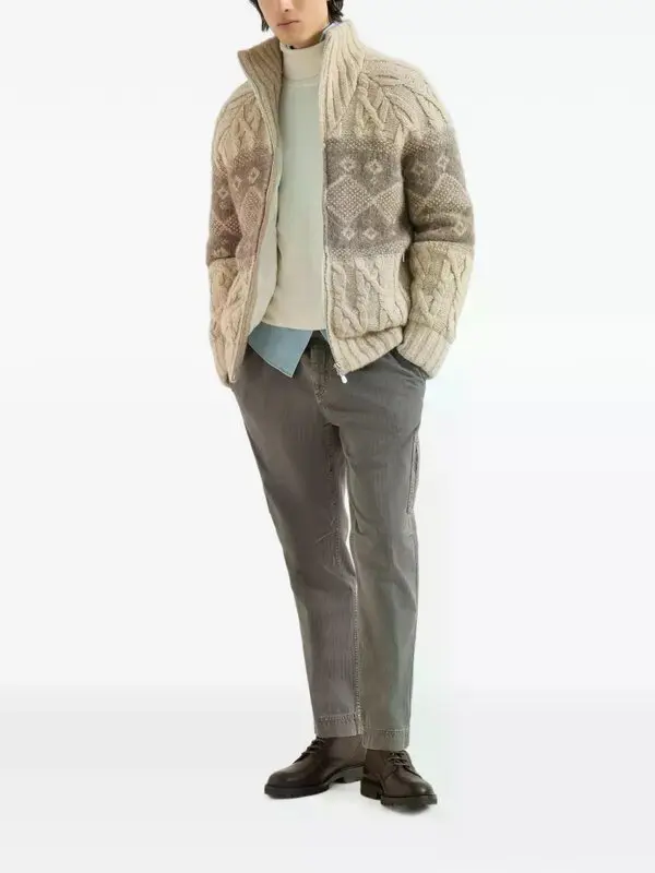 Brunello Cucinelli Virgin Wool, Silk And Cashmere Chiné Cable Knit Down Jacket With Intarsia
