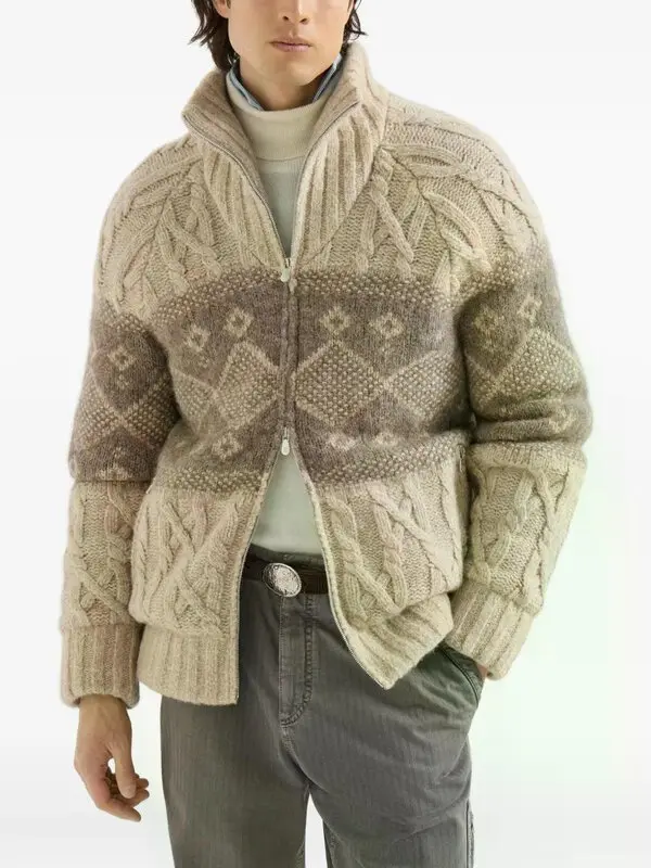 Brunello Cucinelli Virgin Wool, Silk And Cashmere Chiné Cable Knit Down Jacket With Intarsia