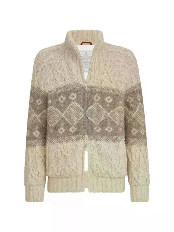 Brunello Cucinelli Virgin Wool, Silk And Cashmere Chiné Cable Knit Down Jacket With Intarsia - Neutrals