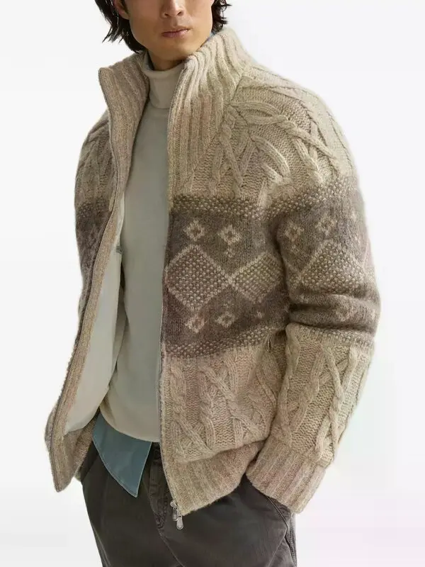Brunello Cucinelli Virgin Wool, Silk And Cashmere Chiné Cable Knit Down Jacket With Intarsia - Neutrals