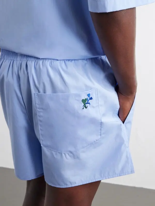 AMI Paris Straight-leg Embroidered Cotton-poplin Shorts - Blue