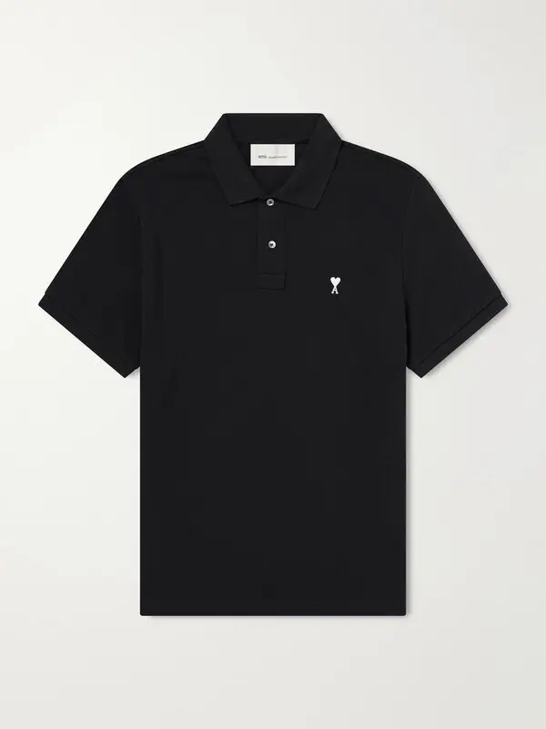 AMI Paris Logo-embroidered Cotton-piqué Polo Shirt - Black