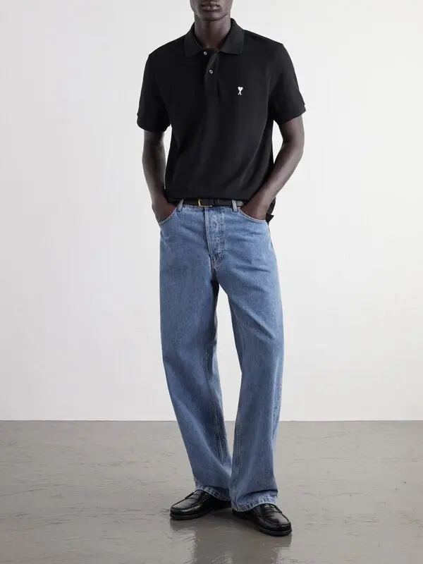 AMI Paris Logo-embroidered Cotton-piqué Polo Shirt - Black