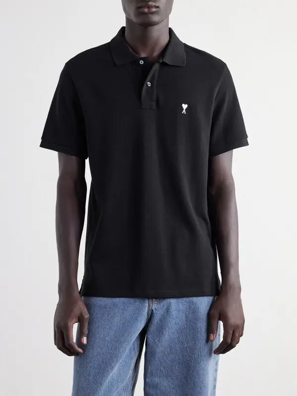AMI Paris Logo-embroidered Cotton-piqué Polo Shirt - Black