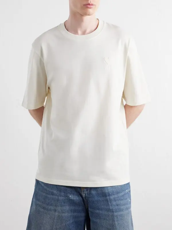 AMI Paris Logo-embroidered Cotton-jersey T-shirt - Neutrals