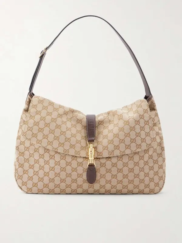 Gucci Jackie Leather-trimmed Canvas-jacquard Crossbody Bag - Beige
