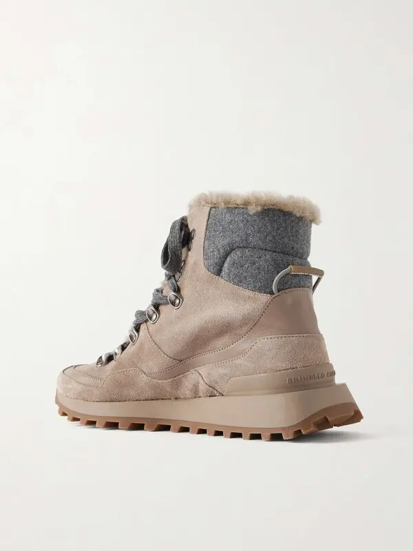 Brunello Cucinelli Shearling-lined Wool-trimmed Suede Ankle Boots