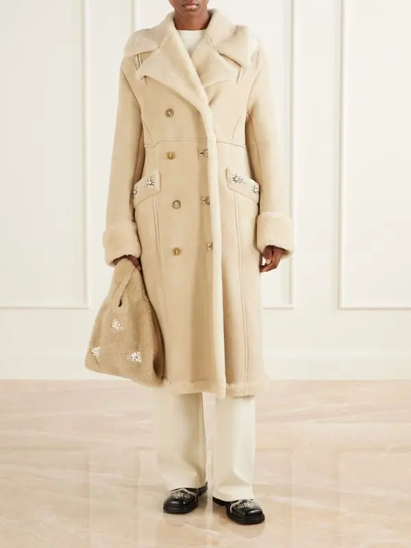 Simone Rocha Embellished Double-breasted Shearling Coat