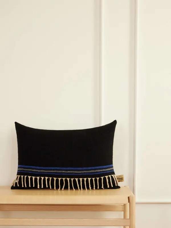 THE HOUSE OF LYRIA Abisso Fringed Striped Cashmere, Silk And Wool-blend Cushion - Navy