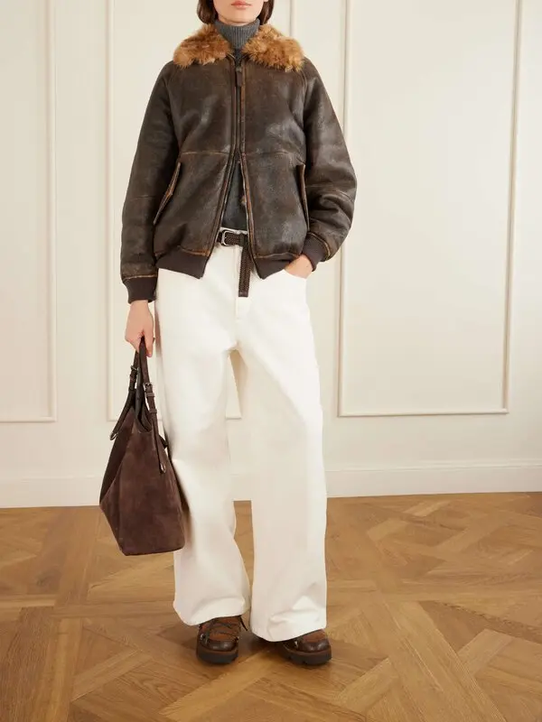 Brunello Cucinelli Bead-embellished Shearling-trimmed Leather Ankle Boots