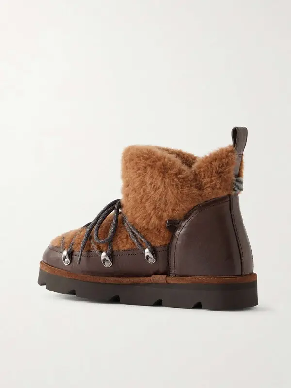 Brunello Cucinelli Bead-embellished Shearling-trimmed Leather Ankle Boots