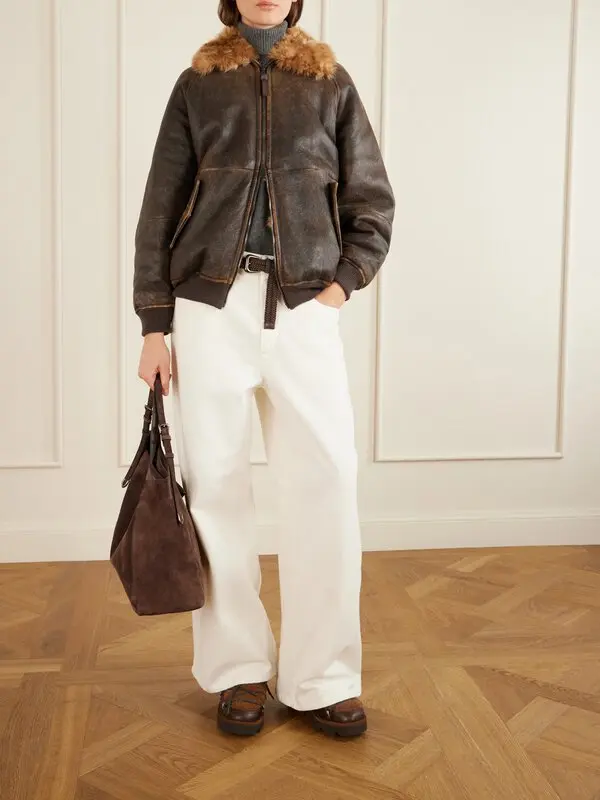 Brunello Cucinelli Bead-embellished Shearling-trimmed Leather Ankle Boots