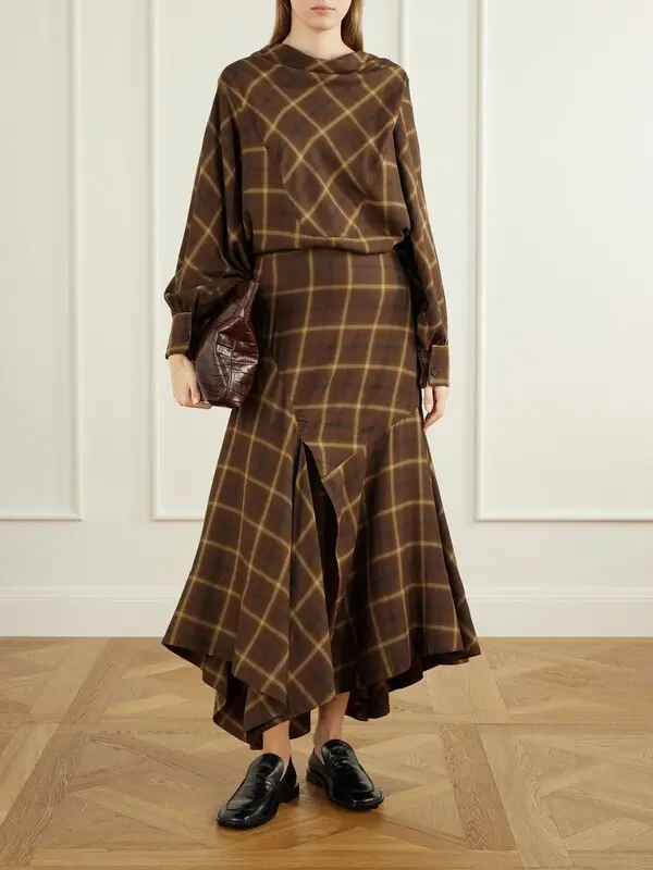 Co Slash Checked Crepe Midi Skirt - Brown