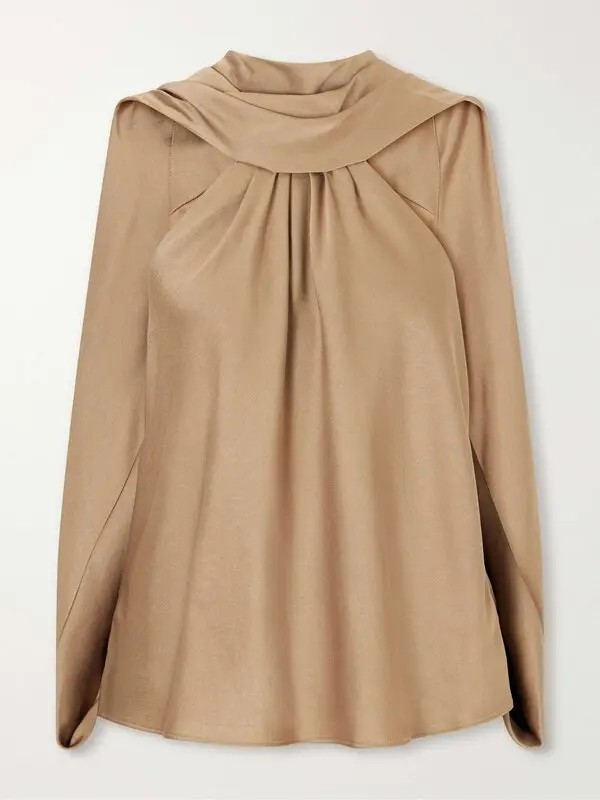 Simkhai Scarlett Gathered Satin Cape Top - Brown