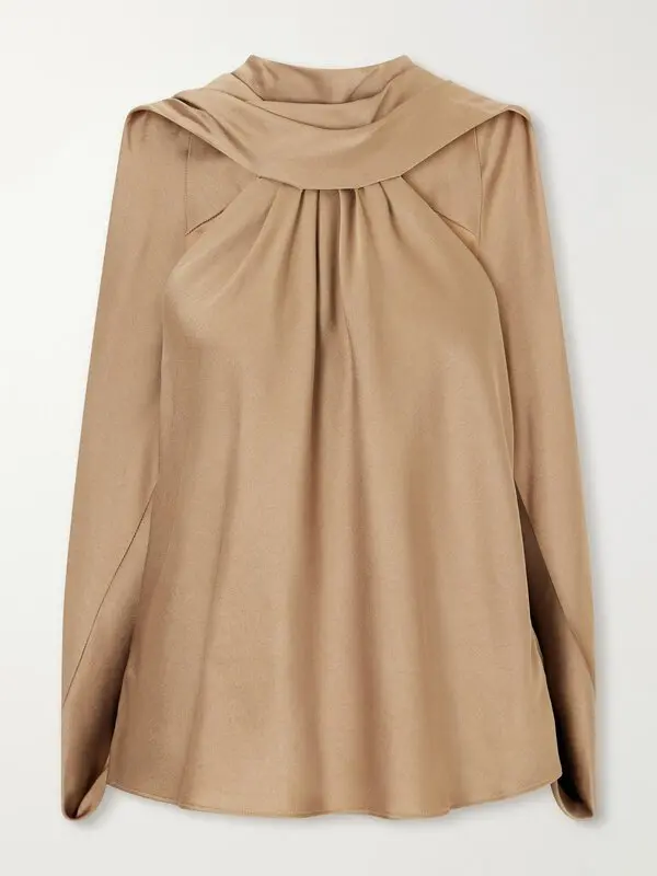 Simkhai Scarlett Gathered Satin Cape Top - Brown
