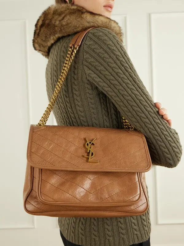 Saint Laurent Niki Crinkled Leather Shoulder Bag - Brown