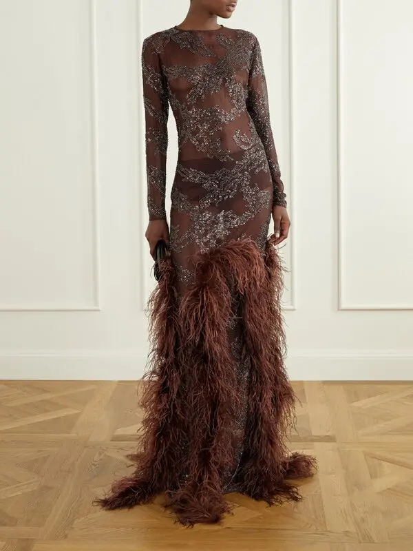 ILKYAZ OZEL Byblos Feather-trimmed Sequin-embellished Mesh Gown