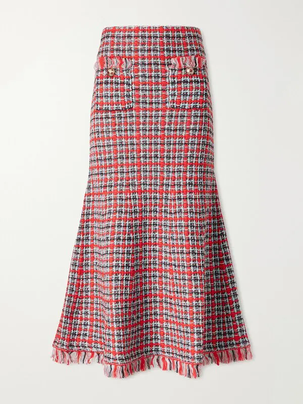 SELF-PORTRAIT Frayed Wool And Cotton-blend Tweed Midi Skirt - Red