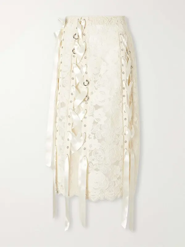 Simone Rocha Unraveling Ribbon Ring Asymmetric Embellished Lace And Satin Midi Skirt - Ecru