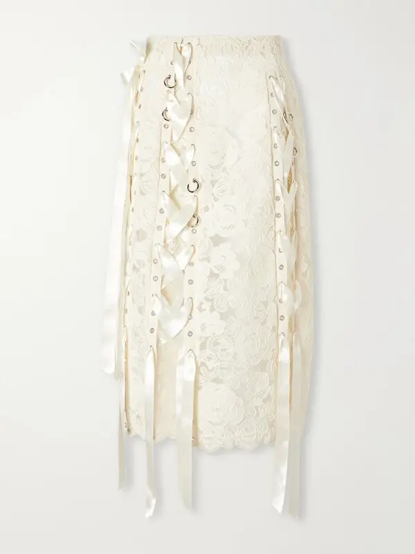 Simone Rocha Unraveling Ribbon Ring Asymmetric Embellished Lace And Satin Midi Skirt - Neutrals