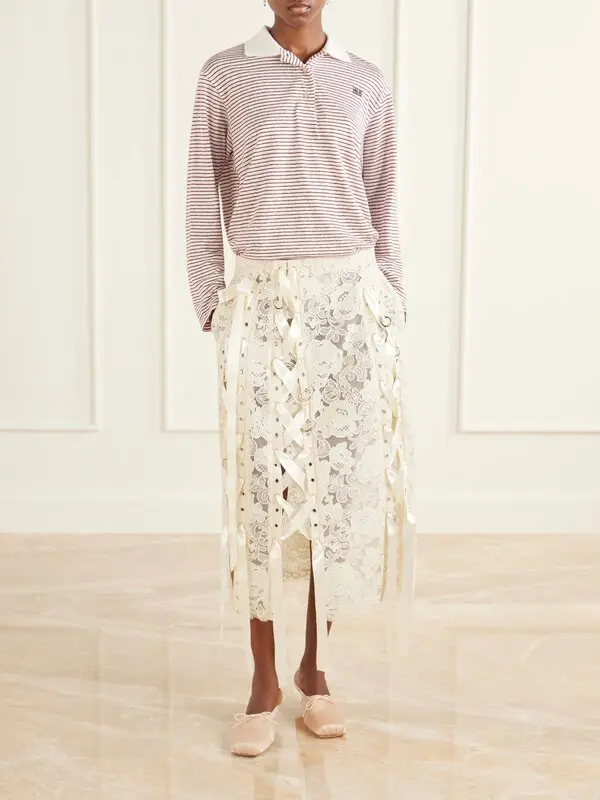 Simone Rocha Unraveling Ribbon Ring Asymmetric Embellished Lace And Satin Midi Skirt - Neutrals