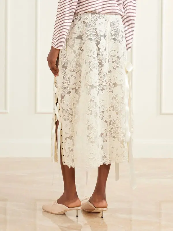 Simone Rocha Unraveling Ribbon Ring Asymmetric Embellished Lace And Satin Midi Skirt - Neutrals