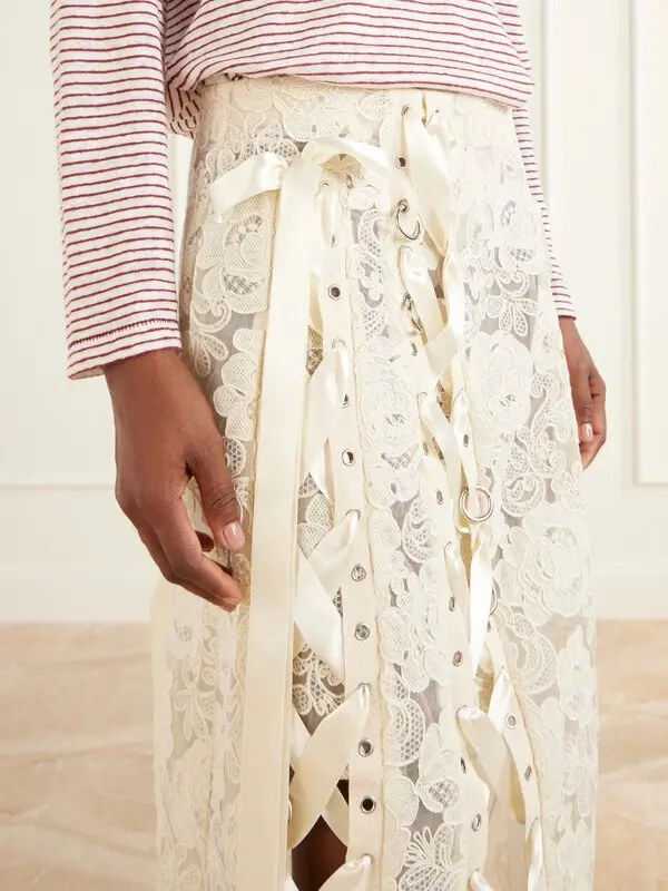 Simone Rocha Unraveling Ribbon Ring Asymmetric Embellished Lace And Satin Midi Skirt - Neutrals