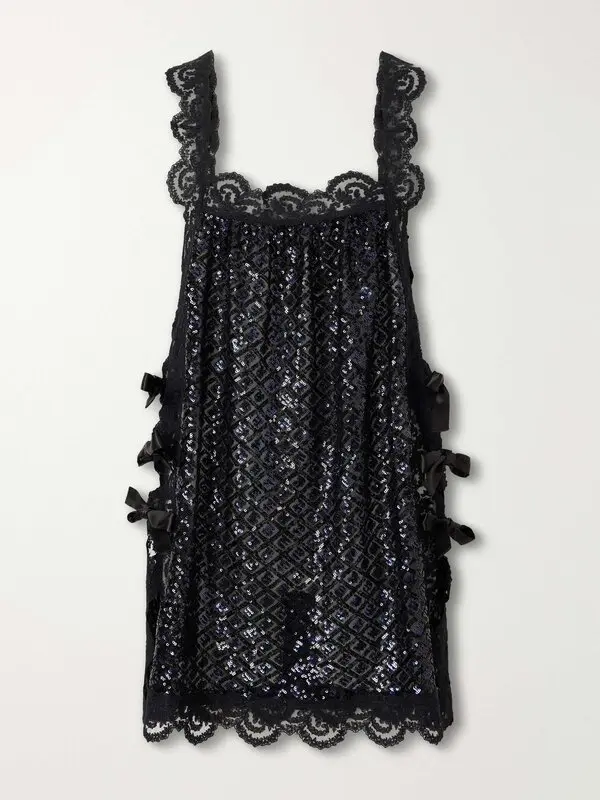 Loretta Caponi Fiocchini Bow-detailed Sequin-embellished Lace-trimmed Organza Mini Dress - Black