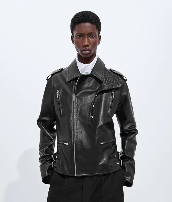 Bottega Veneta Rubbery Leather Biker Jacket - Double Black