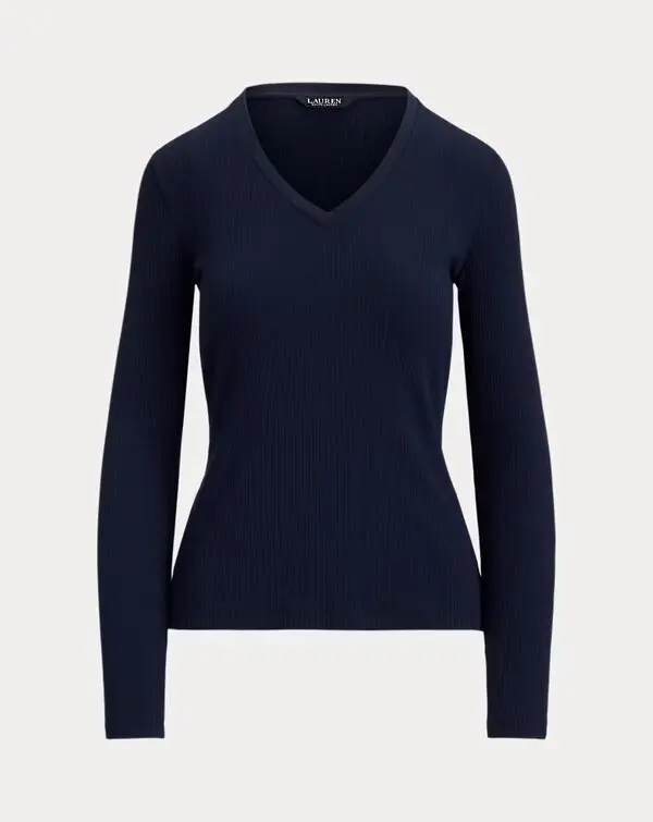Ralph Lauren Rib-knit Long-sleeve V-neck Top - Navy