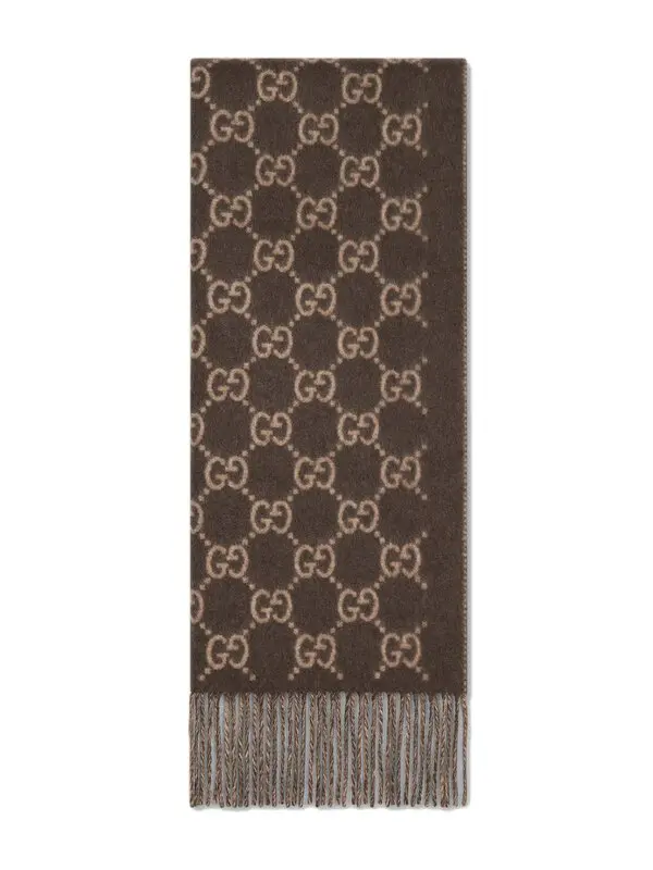 Gucci Gg Cashmere Scarf With Fringe Trim, 45 Cm X 190 Cm - Marrone