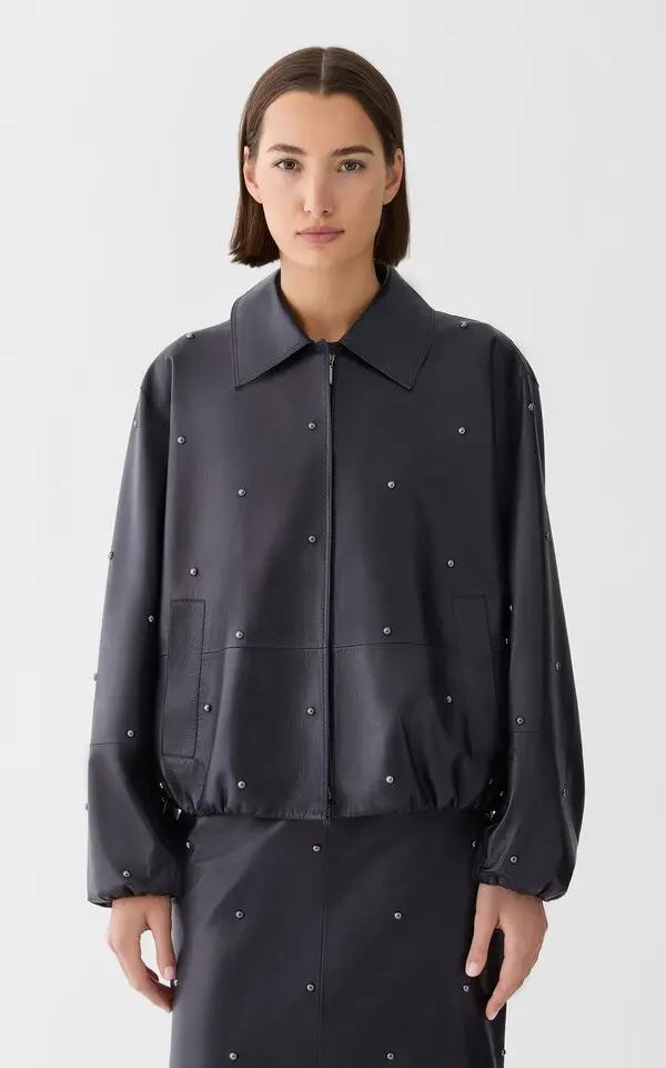 Lafayette 148 New York Studded Leather Bomber Jacket