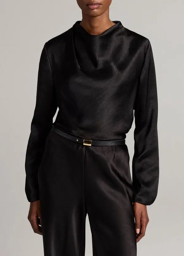 Vince Satin Draped Cowl-neck Long-sleeve Top - Black