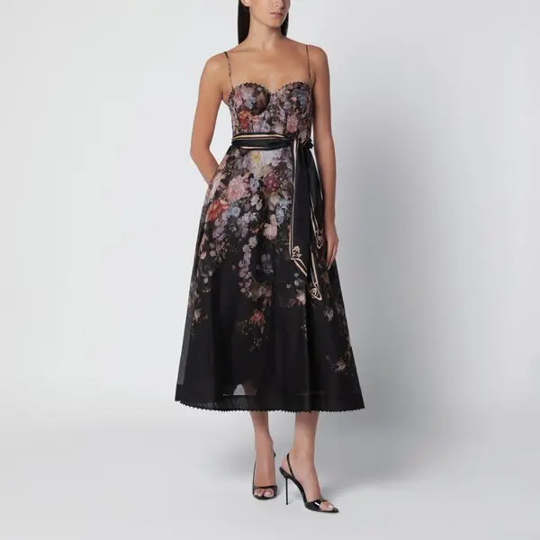 Zimmermann Valiant Floral Silk Linen Corset Midi Dress