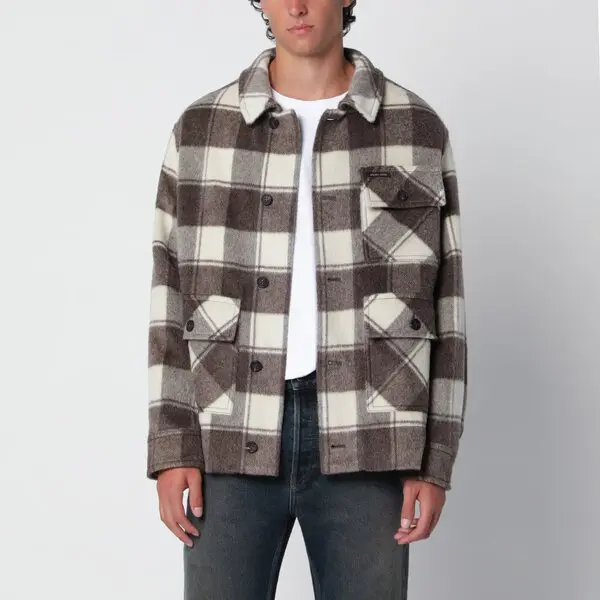 GOLDEN GOOSE Shirt Jacket With Taupe/cream Check Pattern In Mohair Blend - Multicolor