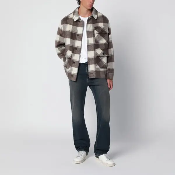GOLDEN GOOSE Shirt Jacket With Taupe/cream Check Pattern In Mohair Blend