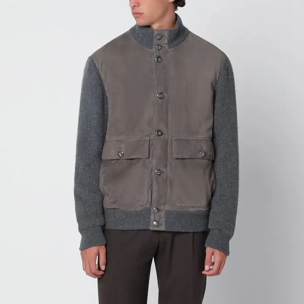 Brunello Cucinelli Steel Padded Leather And Cashmere Jacket - Grey