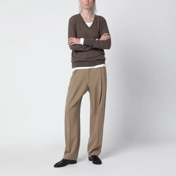 THE ROW Phora Taupe Cashmere V-neck Sweater