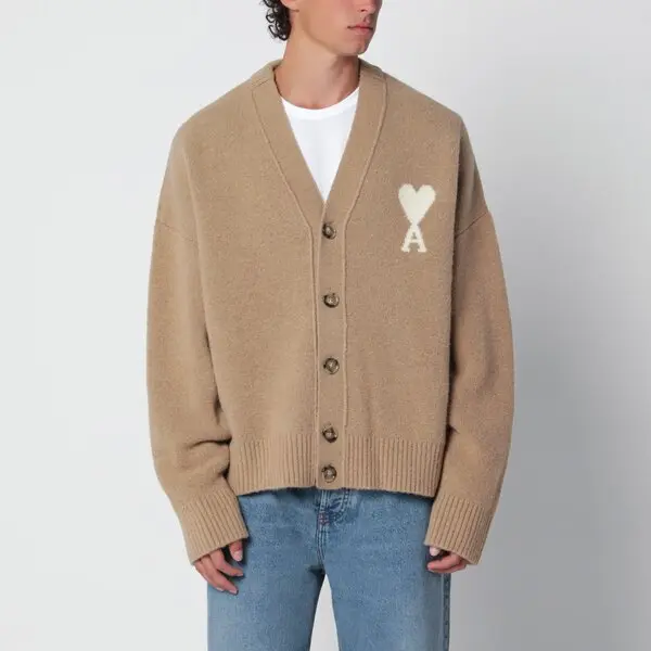 AMI Paris De Coeur Cardigan In Alpaca Blend - Beige