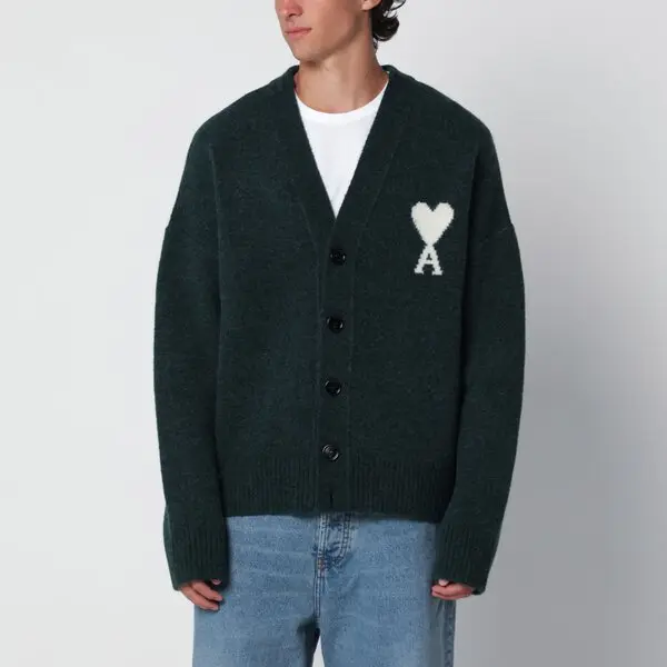 AMI Paris Bottle De Coeur Cardigan In Alpaca Blend - Green