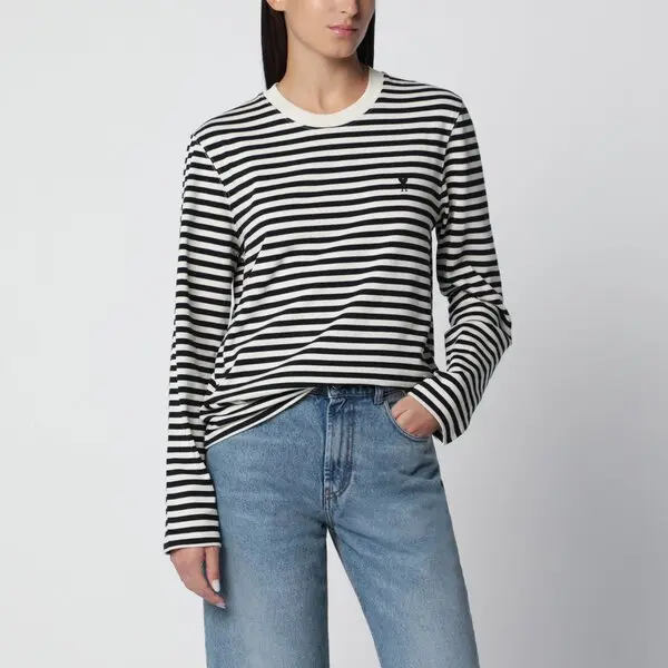 AMI Paris Ivory Striped De Coeur T-shirt - Black