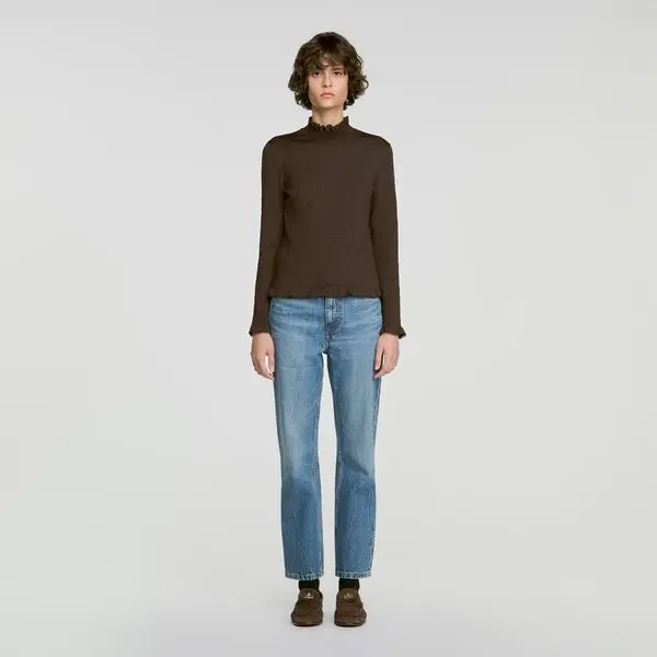 Sandro Smocked T-shirt With Ruffle Collar