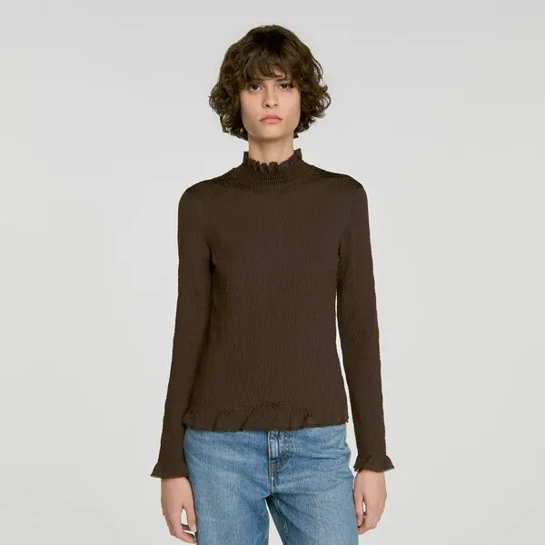 Sandro Smocked T-shirt With Ruffle Collar