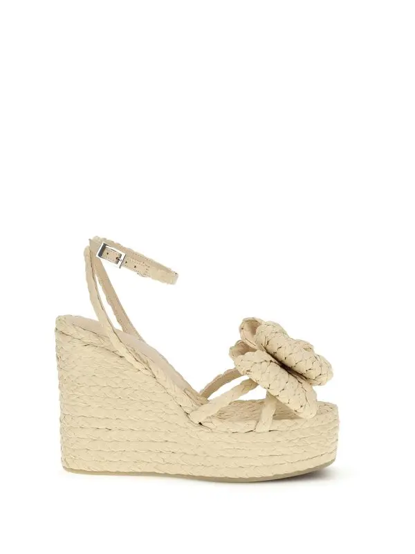 Mach & Mach Le Cadeau Raffia Wedge Sandals - Cream