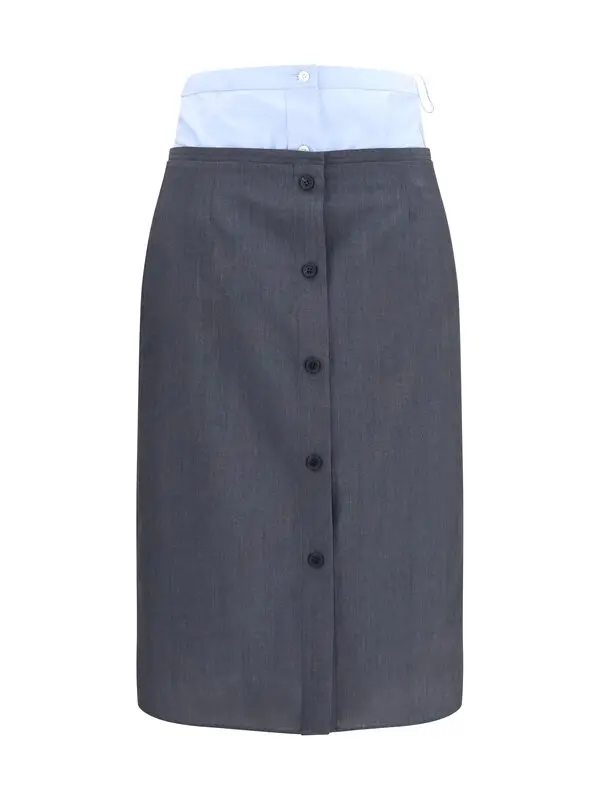 Prada Double-layer Midi Skirt In Cotton And Linen - Gray