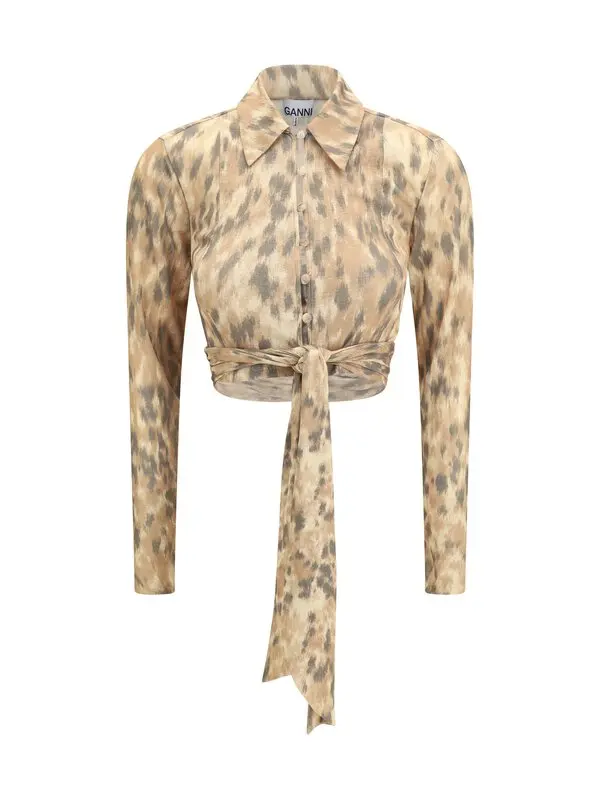 GANNI Printed Marl Mesh Tie Blouse - Cream