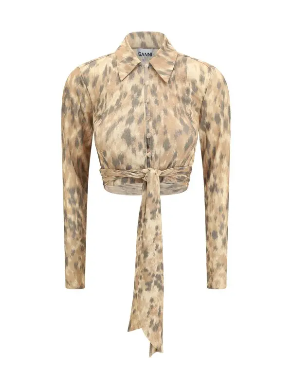 GANNI Printed Marl Mesh Tie Blouse - Cream